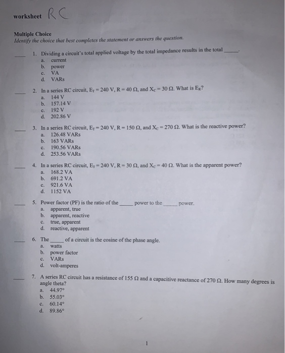 Solved RC worksheet Multiple Choice Identify the choice that | Chegg.com
