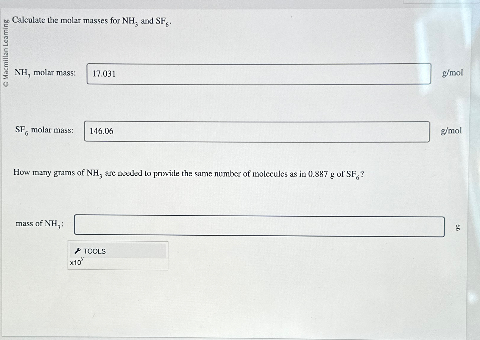 Solved Calculate the molar masses for NH3 ﻿and SF6.∑∑??NπNH3 | Chegg.com
