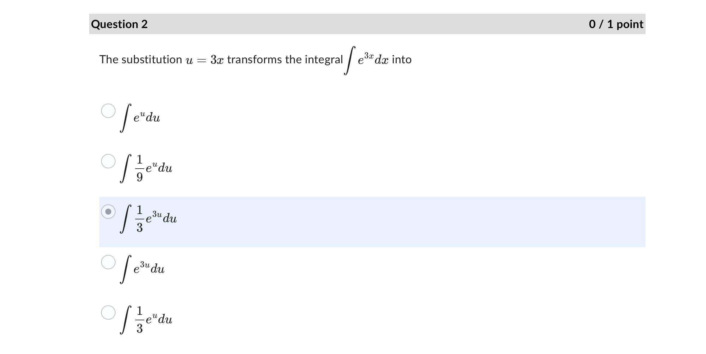 Solved Question 201 ﻿pointThe substitution u=3x ﻿transforms | Chegg.com