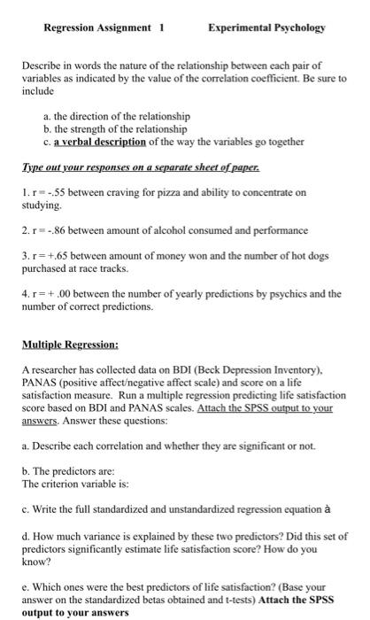 Solved Regression Assignment 1 Experimental Psychology | Chegg.com