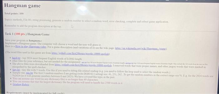 Solved Hangman game Total joinis: 100 Phenvinber to add the | Chegg.com