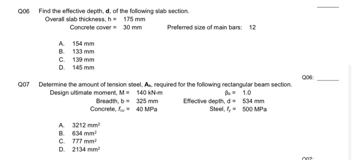 Solved Q06 Find the effective depth, d, of the following | Chegg.com