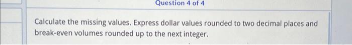 Solved Calculate the missing values. Express dollar values | Chegg.com