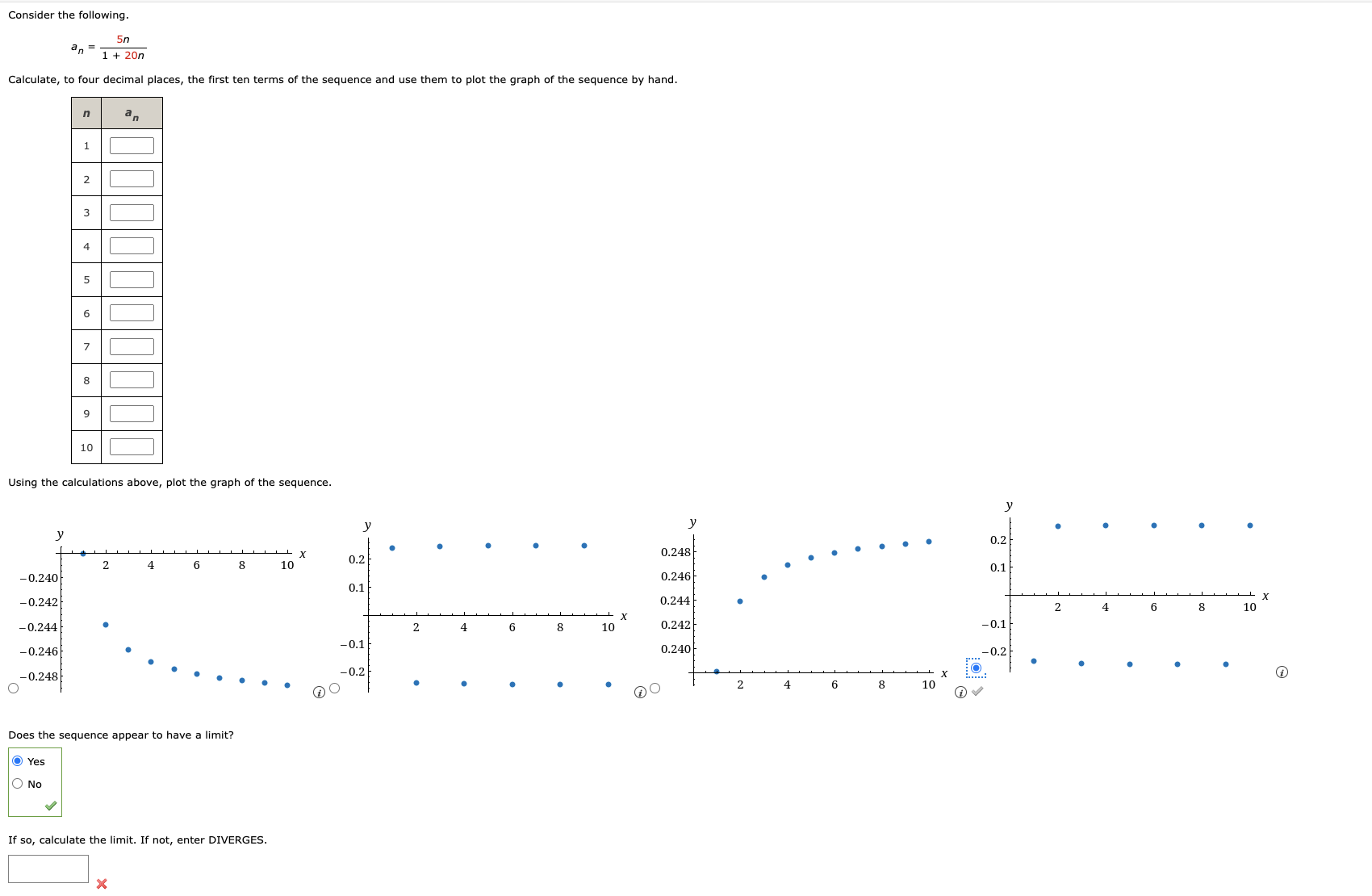 Solved Consider the following.an=5n1+20nCalculate, to four | Chegg.com