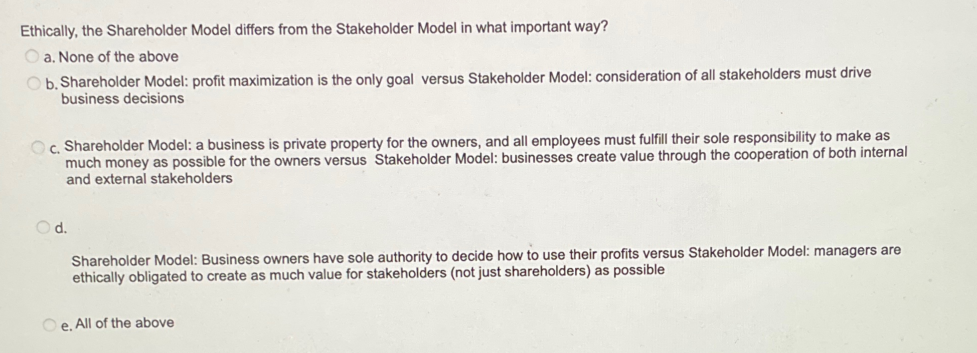 Solved Ethically, the Shareholder Model differs from the | Chegg.com