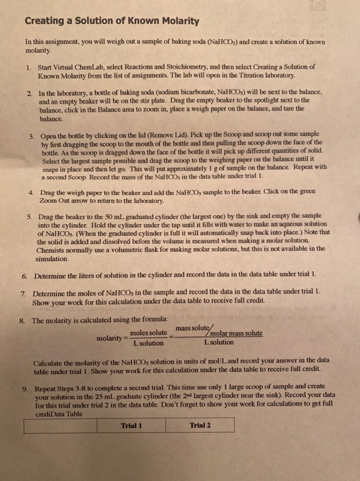 Solved Creating a Solution of Known Molarity In this | Chegg.com