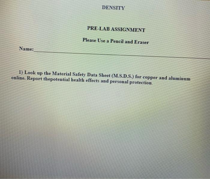 Solved DENSITY PRE-LAB ASSIGNMENT Please Use a Pencil and | Chegg.com