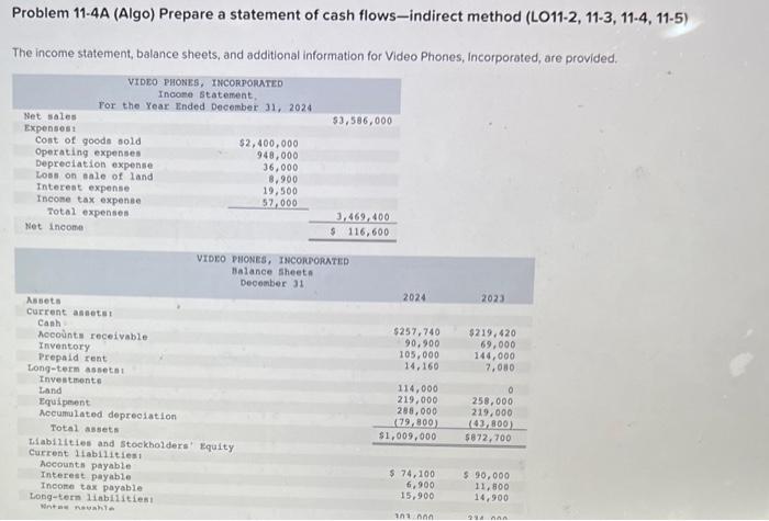 Solved Problem 11-4A (Algo) Prepare a statement of cash | Chegg.com