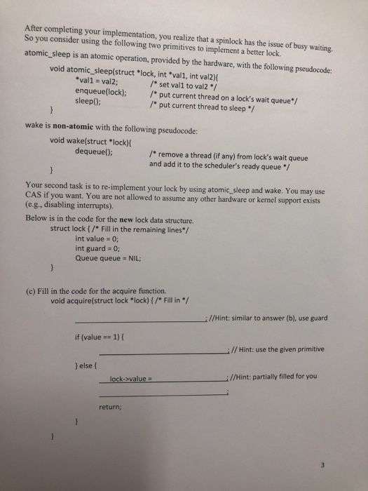 Solved Part 3. Atomic Synchronization Primitives In class, | Chegg.com