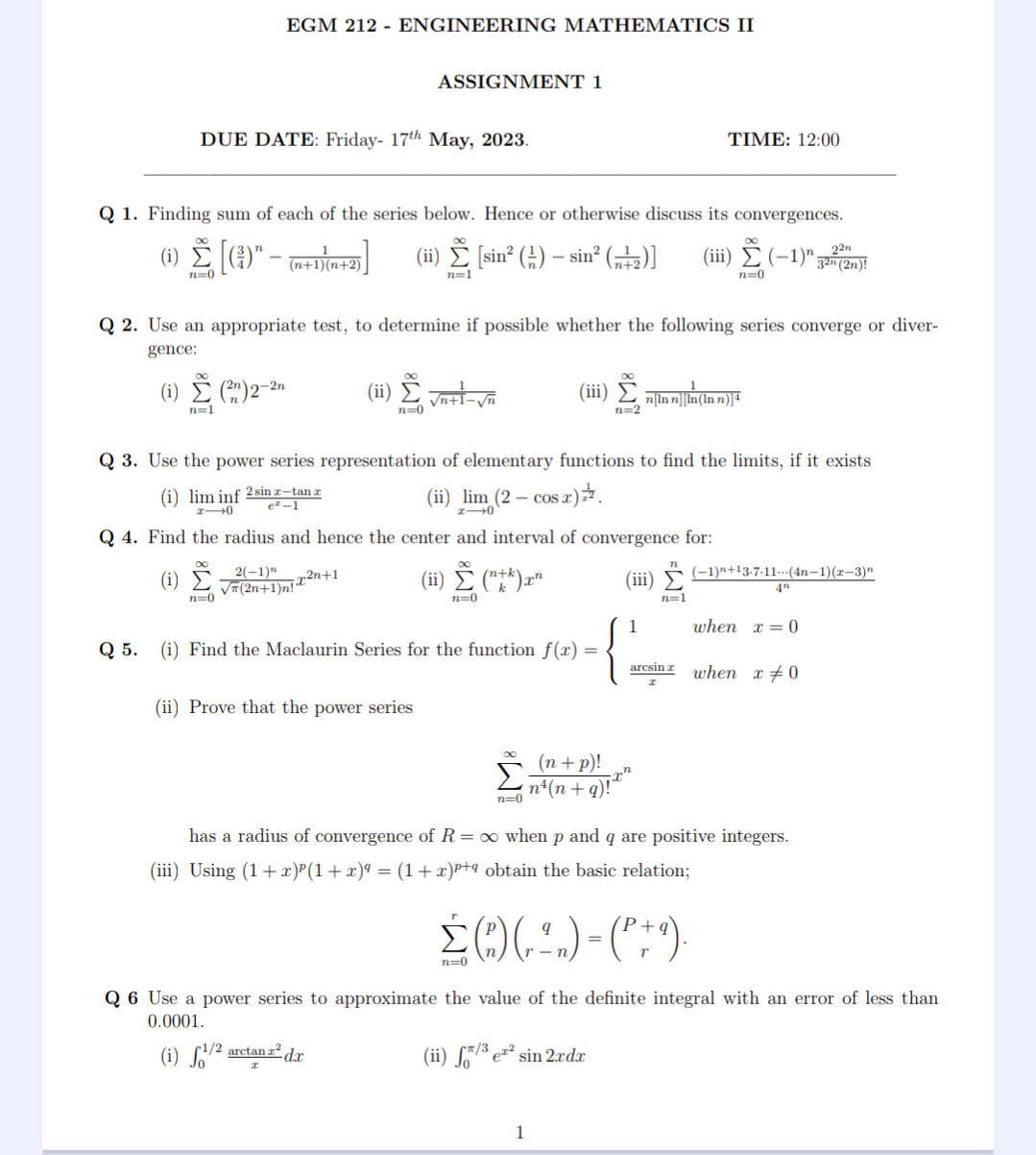 EGM 212 - ﻿ENGINEERING MATHEMATICS IIASSIGNMENT 1DUE | Chegg.com