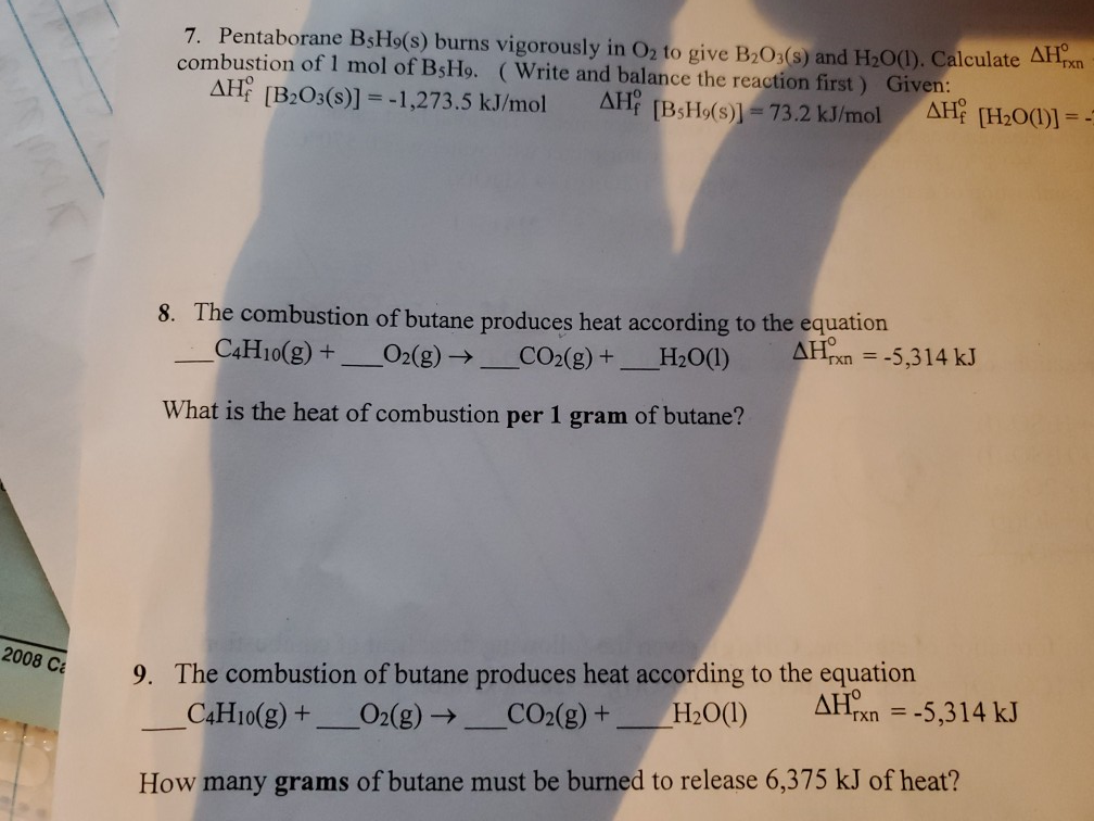 Solved 7. Pentaborane BsHº(s) burns vigorously in O2 to give | Chegg.com