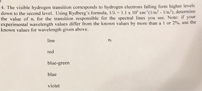 Solved 4. The visible hydrogen transition corresponds to | Chegg.com