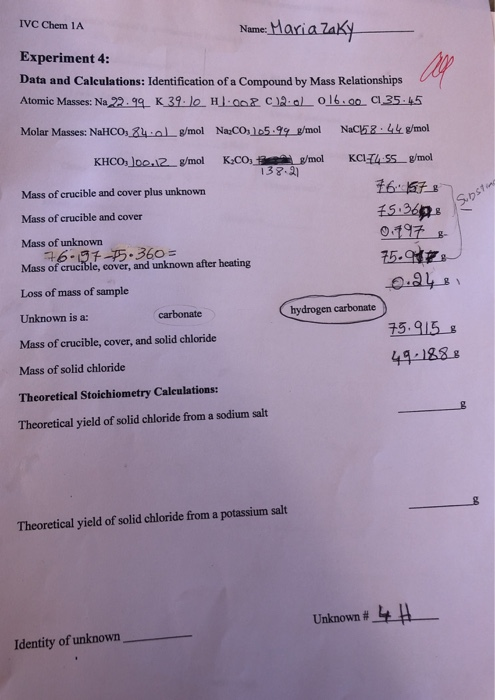 Solved IVC Chem IA Name Maria Zaky Experiment 4: Data and | Chegg.com