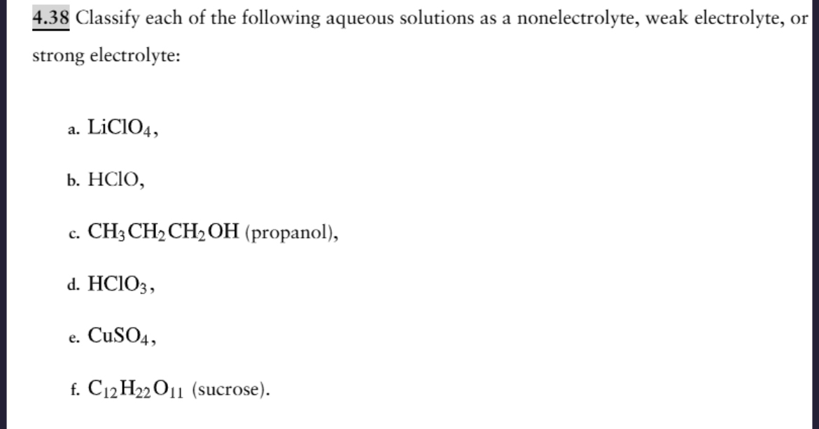 Solved 4.38 ﻿Classify each of the following aqueous | Chegg.com