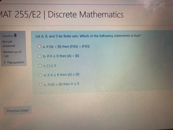 Solved MAT 255/E2 | Discrete Mathematics Question 8 Let A, | Chegg.com