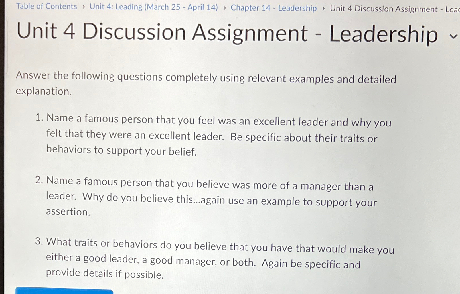 Solved Table of Contents > ﻿Unit 4: Leading (March 25 - | Chegg.com