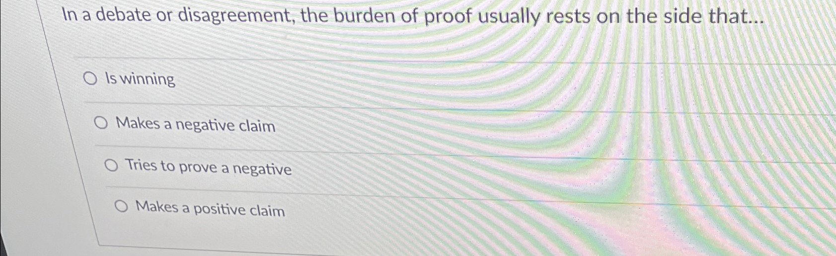 Solved In a debate or disagreement, the burden of proof | Chegg.com