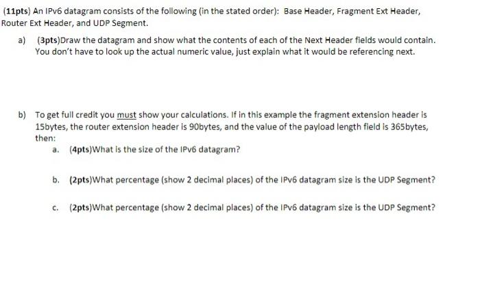 Solved 11pts) An IPv6 datagram consists of the following (in | Chegg.com