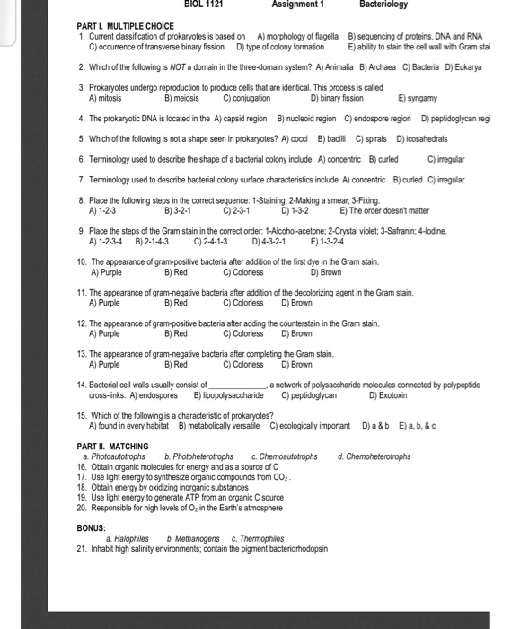 Solved BIOL 1121 Assignment 1 Bacteriology PART I. MULTIPLE | Chegg.com