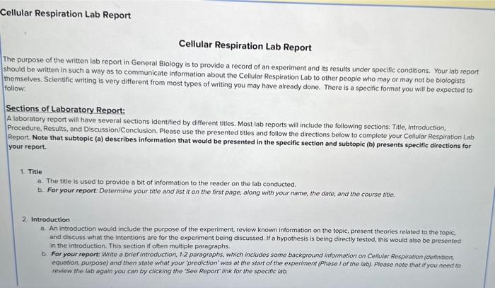 Cellular Respiration Lab Report Cellular Respiration | Chegg.com
