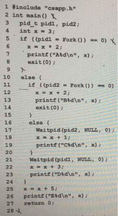 Solved @ W 1 #include "csapp.h" 2 int main() 3 pid_t pidi, | Chegg.com