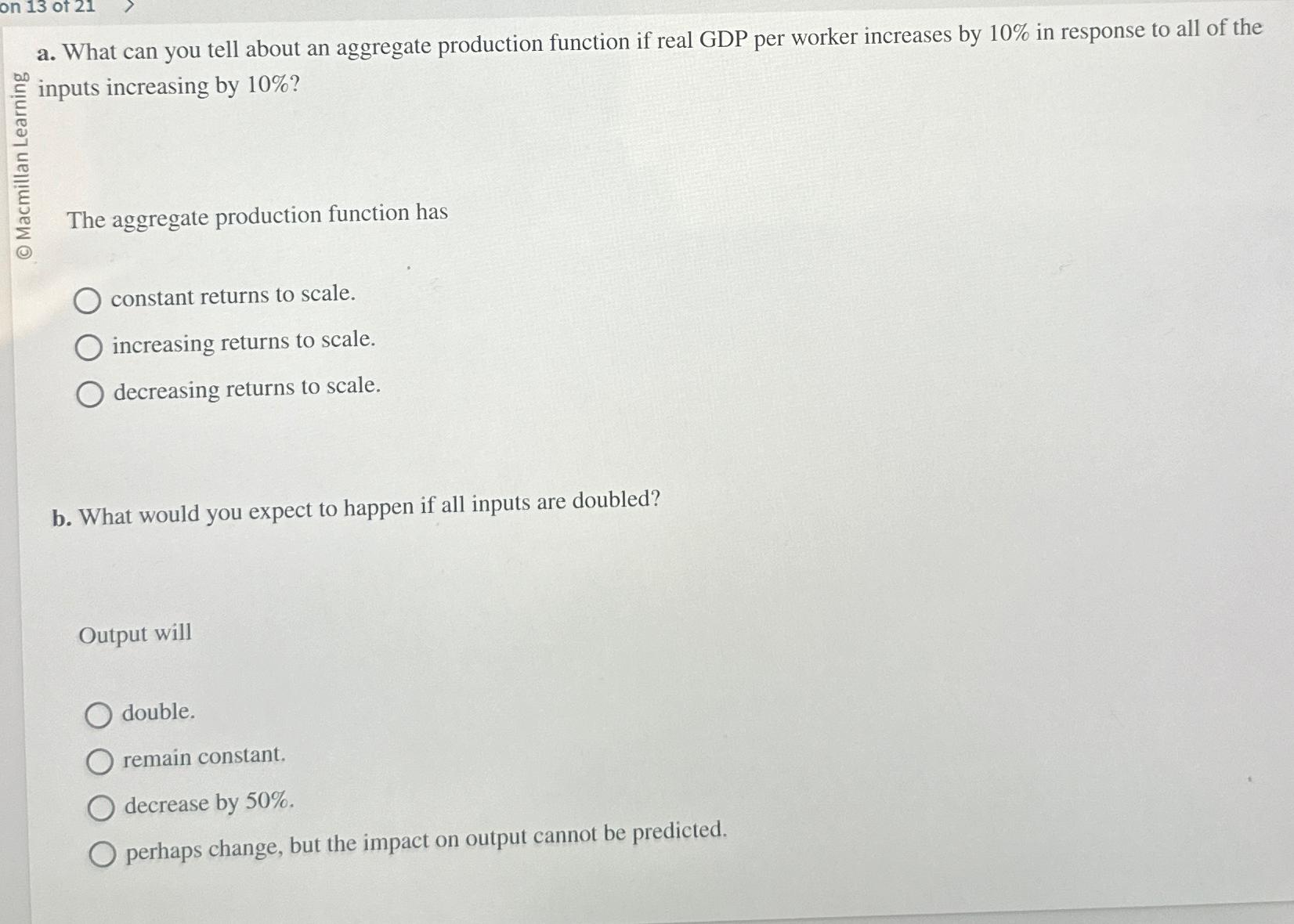 Solved a. ﻿What can you tell about an aggregate production | Chegg.com