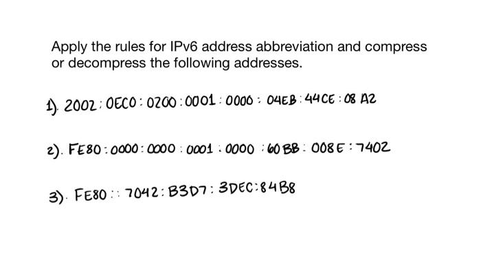Solved Apply the rules for IPv6 address abbreviation and | Chegg.com