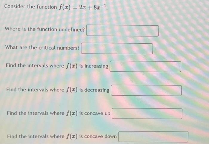 Solved Consider the function f(x)=2x+8x−1. Where is the | Chegg.com