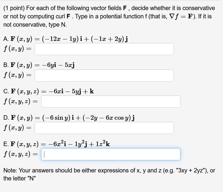 Solved (1 ﻿point) ﻿For each of the following vector fields | Chegg.com