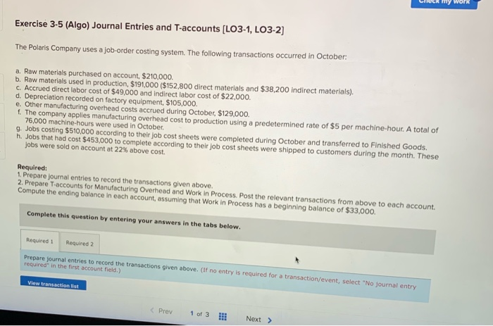 Solved Exercise 3-5 (Algo) Journal Entries and T-accounts | Chegg.com