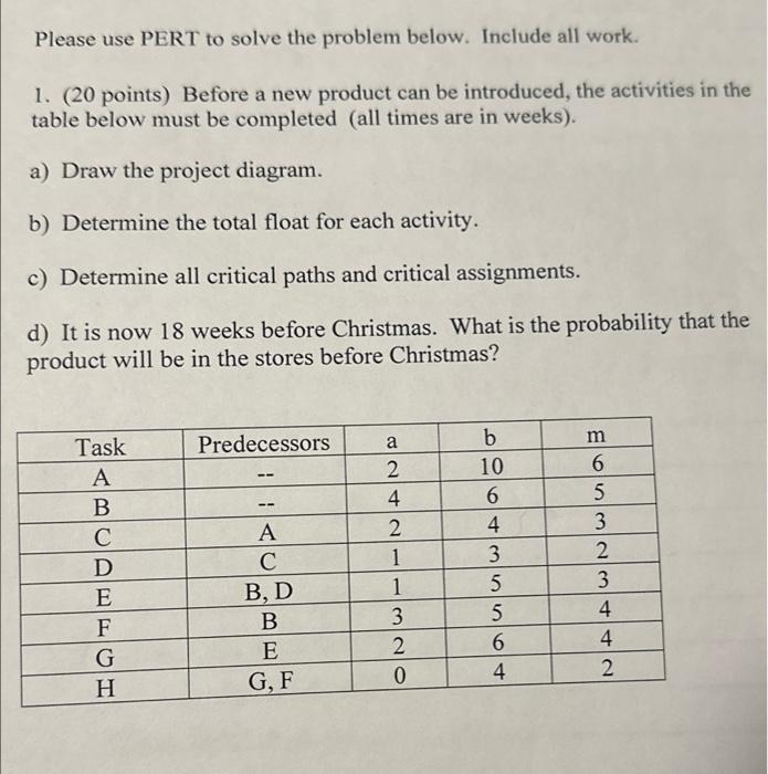 Solved Please use PERT to solve the problem below. Include | Chegg.com