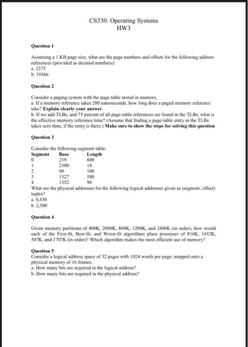 Solved CS330: Operating Systems HW3 Question 1 Assuming a 1 | Chegg.com