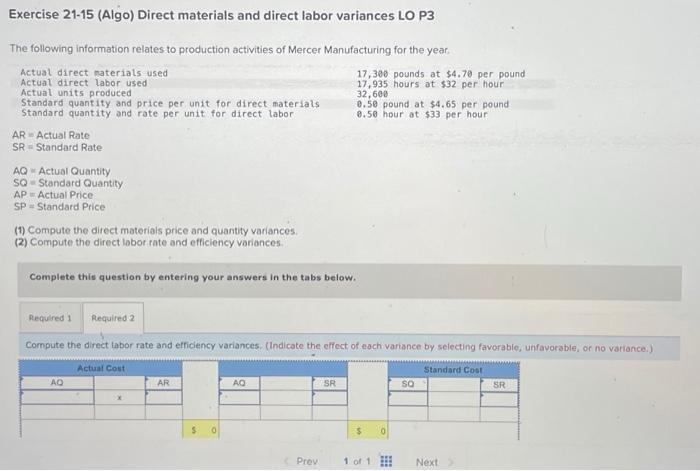 Solved Exercise 21-15 (Algo) Direct materials and direct | Chegg.com