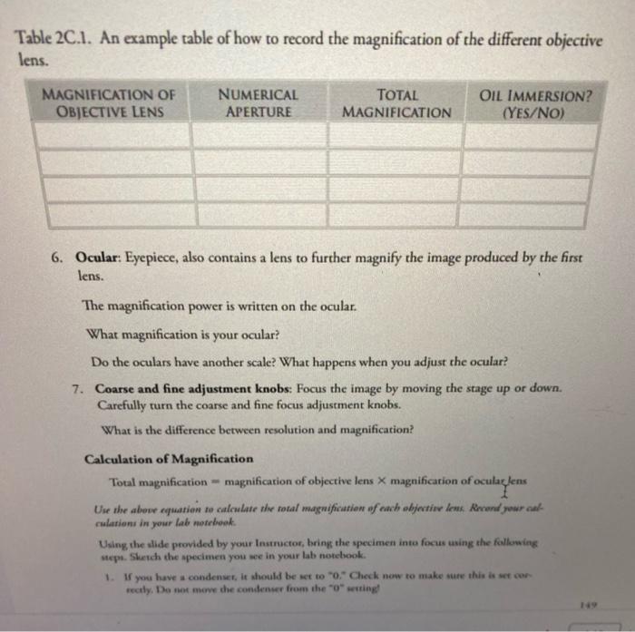 Table 2C.1. An example table of how to record the | Chegg.com