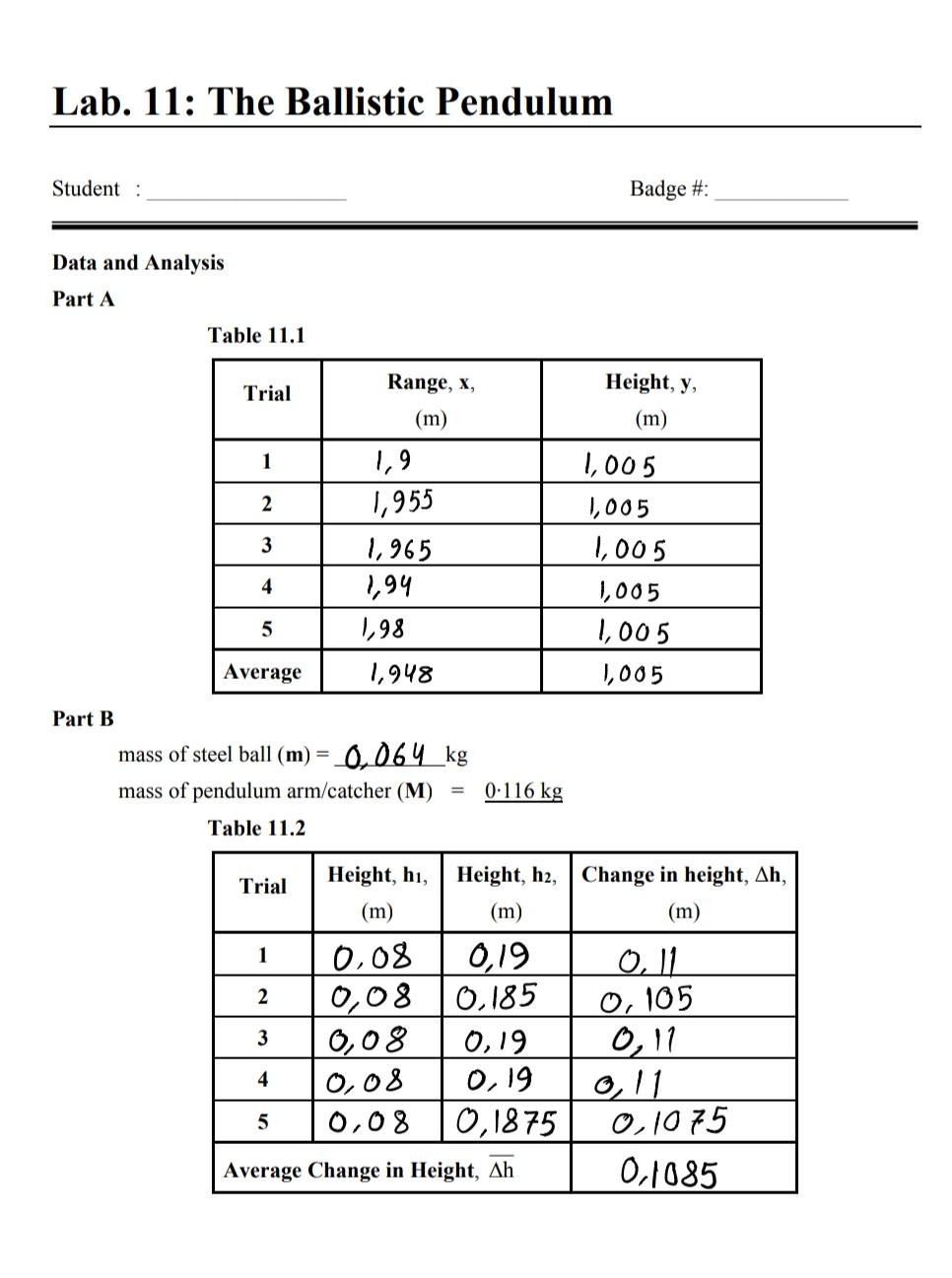 Solved Lab. 11: The Ballistic Pendulum Objectives To | Chegg.com