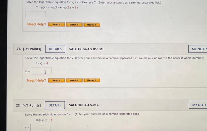 Solved 2log(x)=log(2)+log(5x−8) [-/1 Points] SALGTRIG4 | Chegg.com