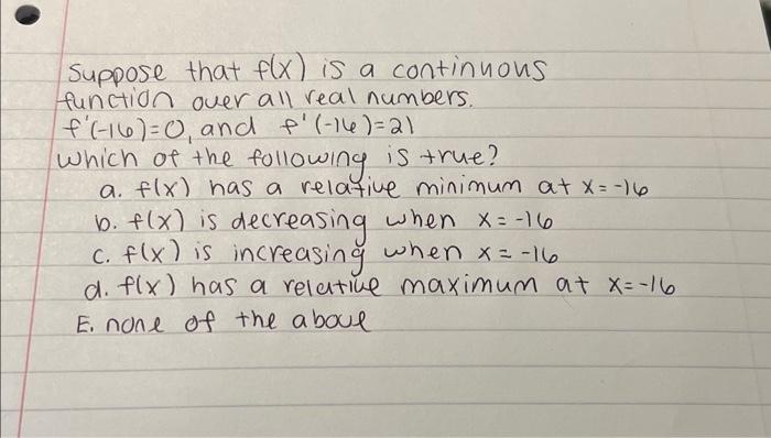 Solved Suppose that f(x) is a continuous function over all | Chegg.com