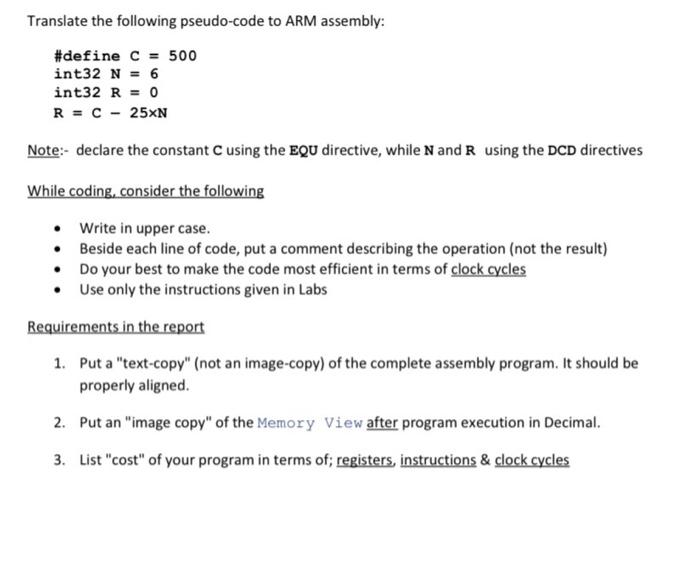 Solved Translate the following pseudo-code to ARM assembly: | Chegg.com
