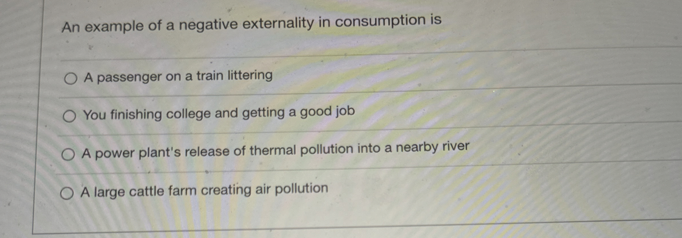 Solved An example of a negative externality in consumption | Chegg.com