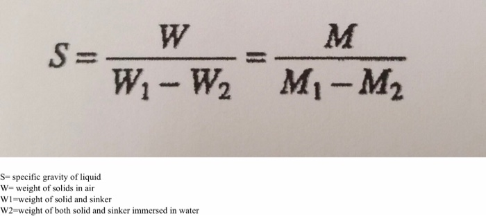 Solved W W1- W2 M1-M2 s= specific gravity of liquid W=weight | Chegg.com