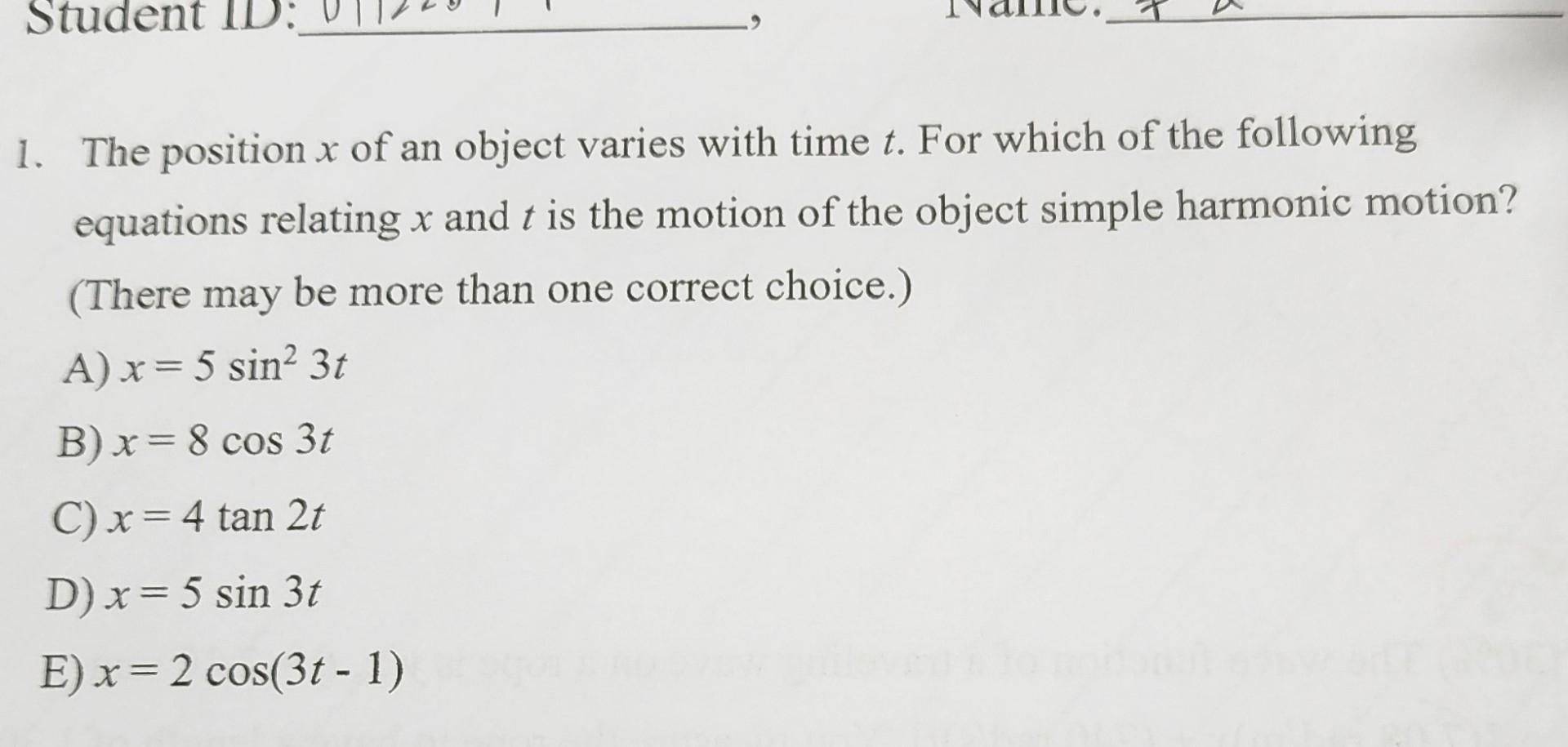 Solved 1. The position x of an object varies with time t. | Chegg.com