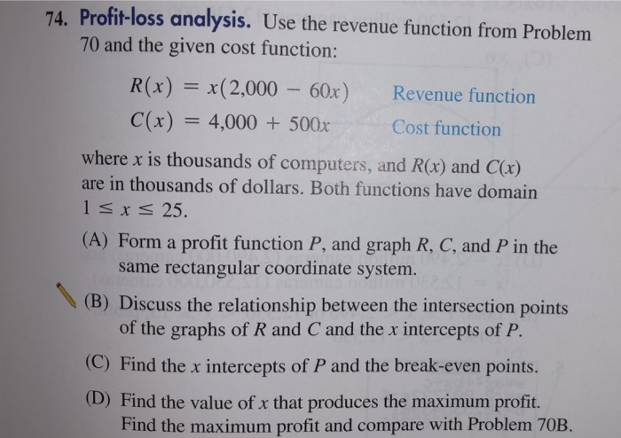 Solved 74. Profit-loss analysis. Use the revenue function | Chegg.com