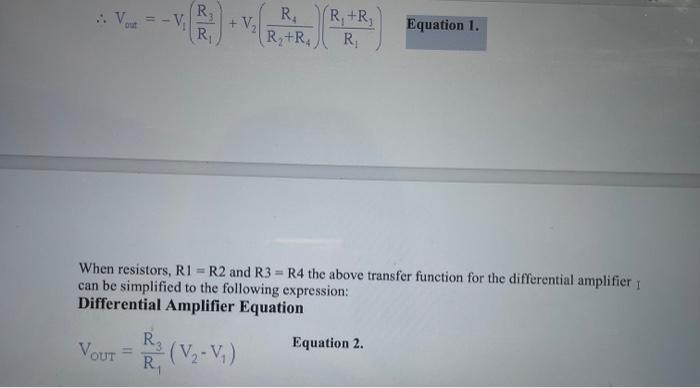 Solved ∴Vout =−V1(R1R3)+V2(R2+R4R4)(R1R1+R3) When resistors, | Chegg.com