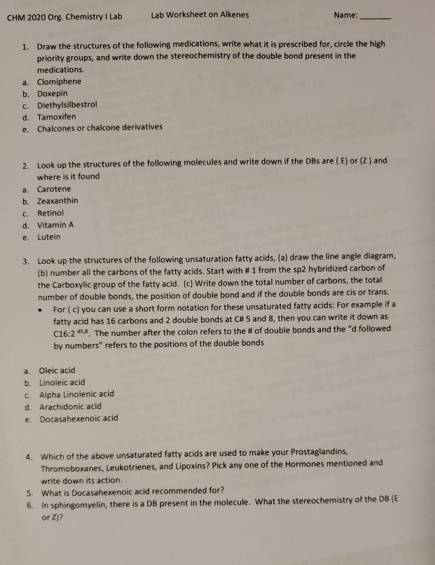 Solved CHM 2020 Org. Chemistry i Lab Lab Worksheet on | Chegg.com