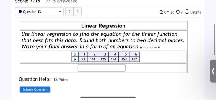 Solved Score! 7/15 answered Question 13 Linear | Chegg.com