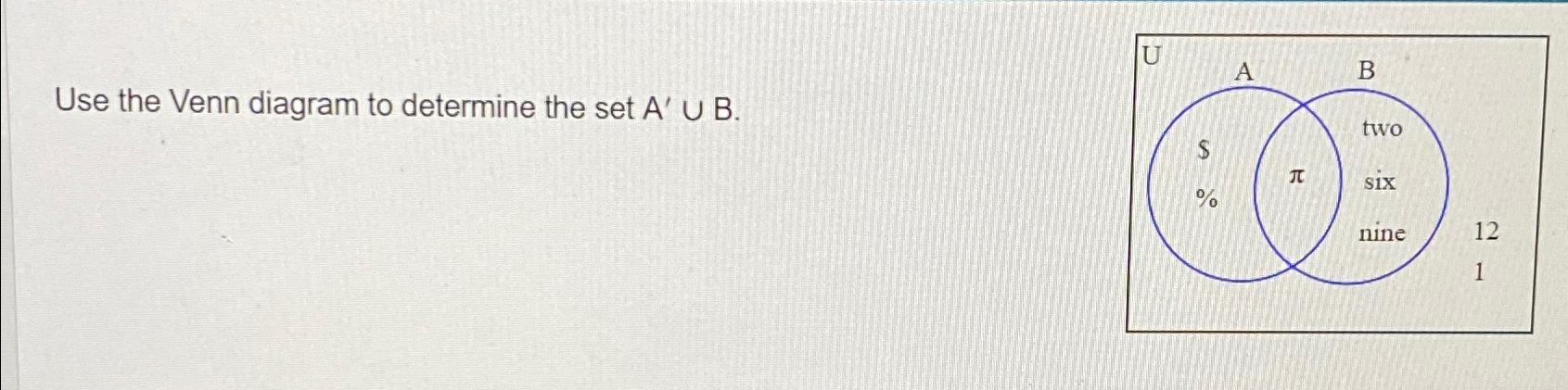 Solved Use the Venn diagram to determine the set A'∪B. | Chegg.com