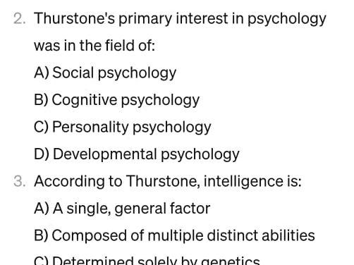 Solved Thurstone's primary interest in psychology was in the | Chegg.com