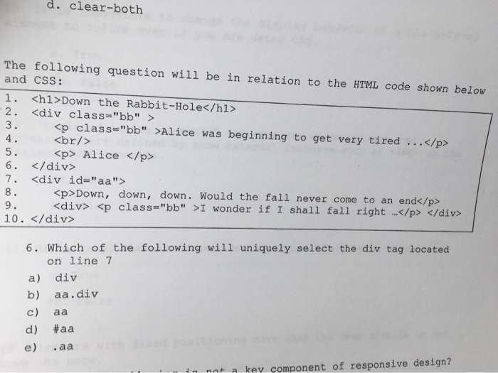 Solved D Clear Usu Following Question Relation Html Code Shown Css 1 Rabbit Hole 2 3 Alice