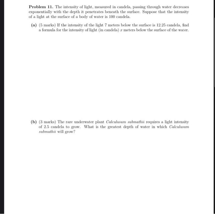 Solved Problem 11. The intensity of light, measured in | Chegg.com