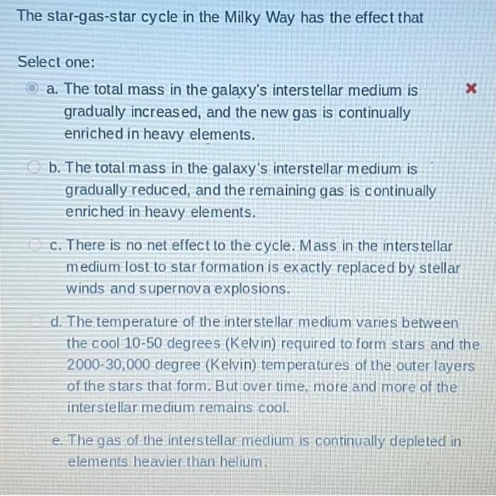 Solved The star-gas-star cycle in the Milky Way has the | Chegg.com